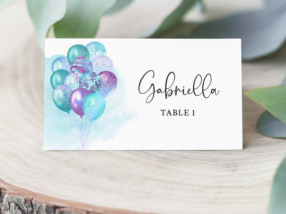 EDITABLE Aqua Purple Balloons Food Cards Buffet Label Blue Place Card ...