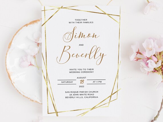 Gold Geometric Wedding Invitation Template, INSTANT Download, Gold ...
