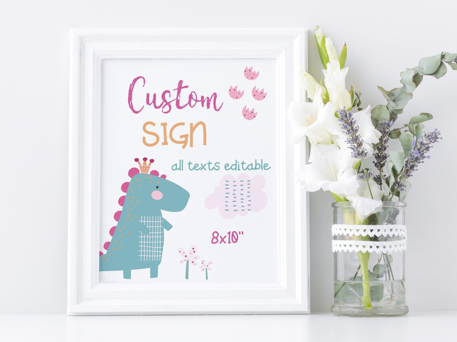 Editable Girl Dinosaur Custom Sign Dinosaur Birthday Sign Watercolor ...