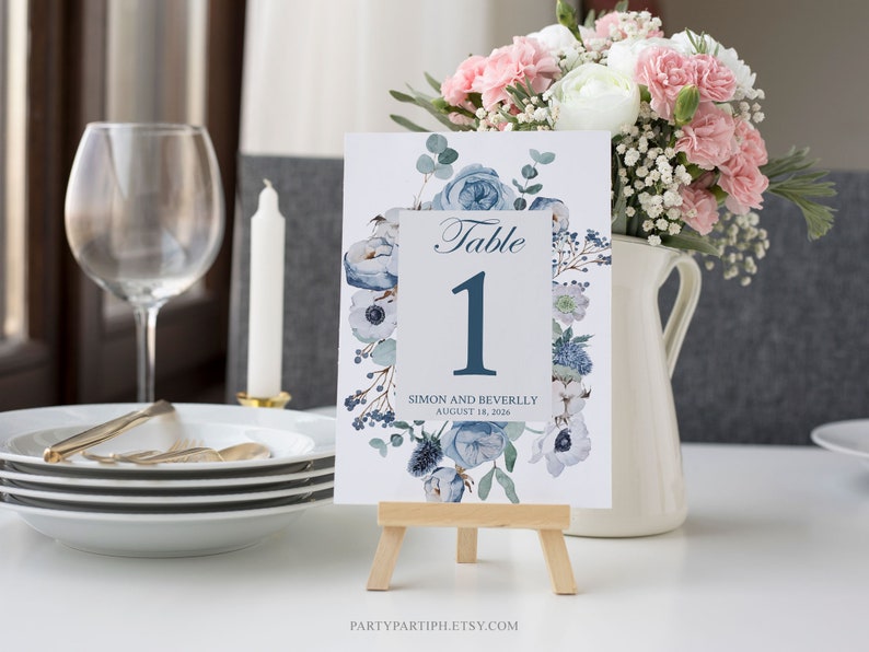 Table Number Sign Template Flroal Design in Gold 4x6 5x7 Editable Blue ...