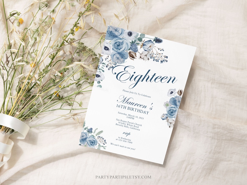 Editable Blue Flowers 18th Birthday Invitation Template Instant ...