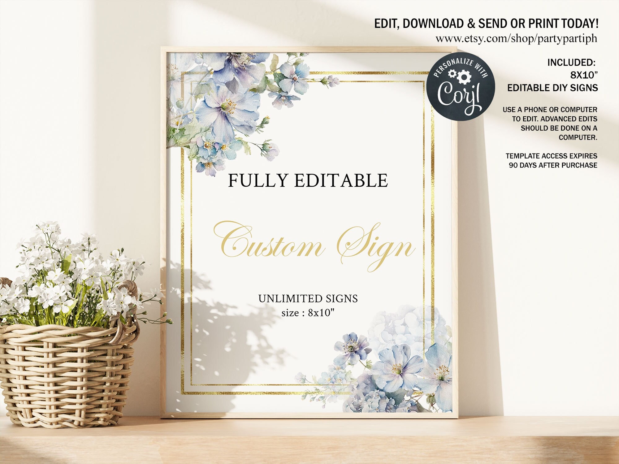 EDITABLE Blue Flowers Custom Sign Editable Printable Template Gold ...