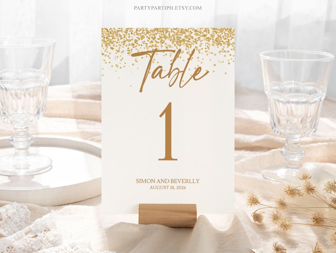 Editable Gold Glitter Table Number Sign Template Calligraphy Design in ...
