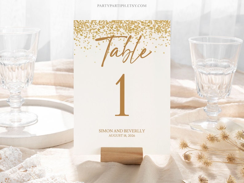 Editable Gold Glitter Table Number Sign Template Calligraphy Design in ...