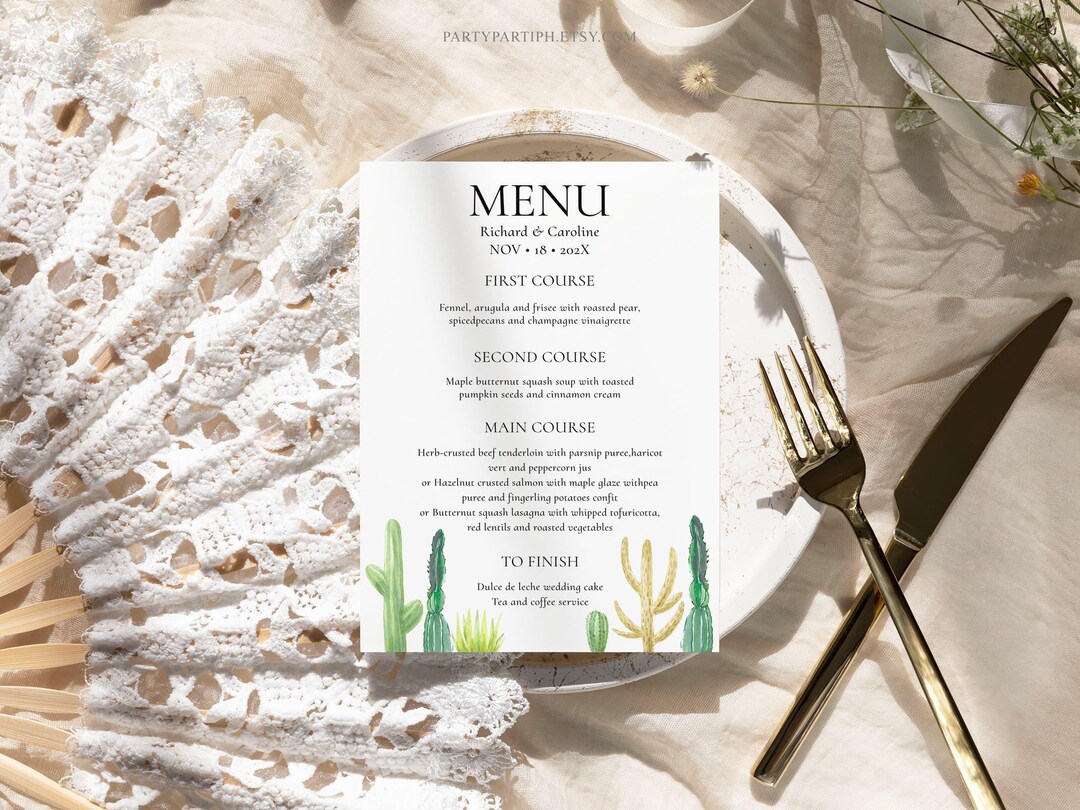 EDITABLE Cactus Wedding Menu Card Template Instant Download Desert ...