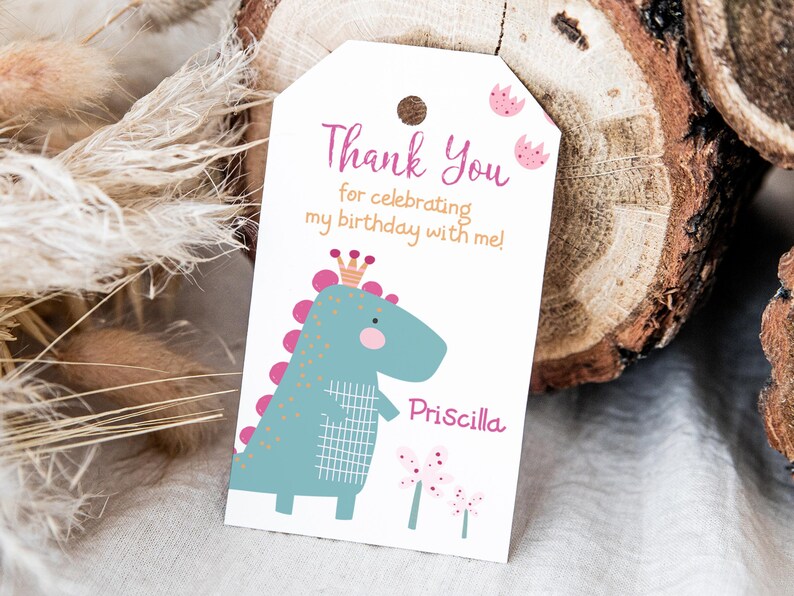 Editable Girl Dinosaur Favor Tag Pink Dinosaur Birthday Gift Tag ...