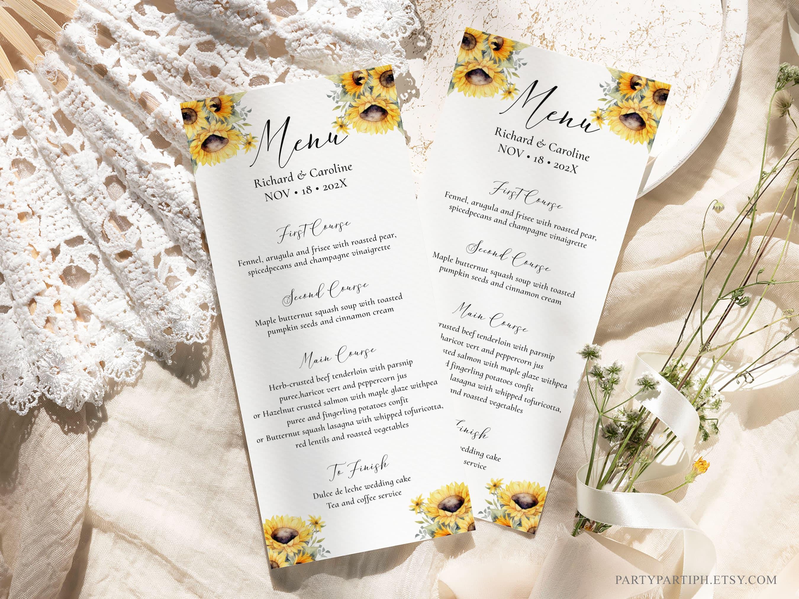 Rustic Sunflower Menu Card: Country Floral Wedding Dinner Template ...