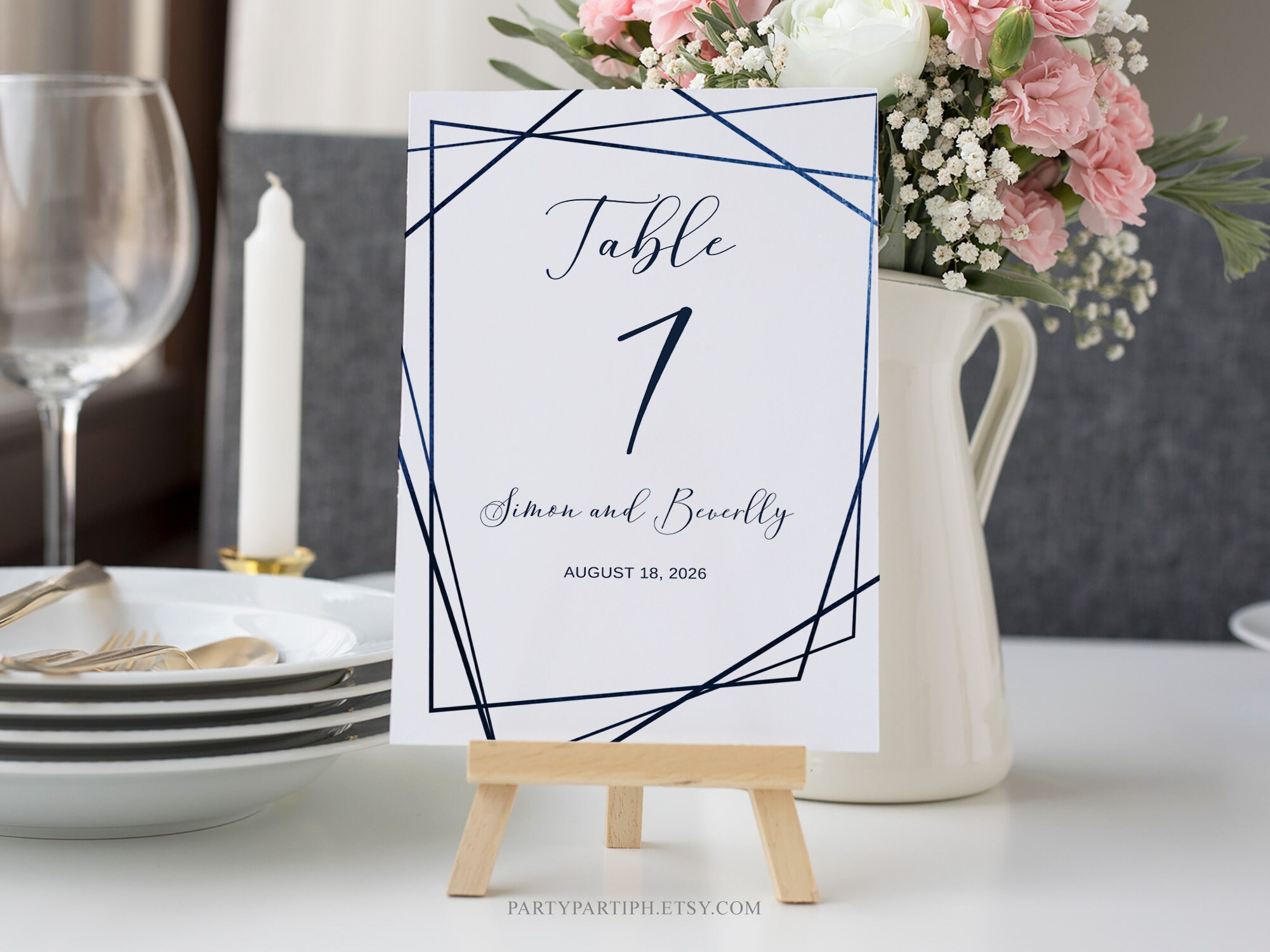 Editable Navy Wedding Table Numbers Template Geometric Table Number ...