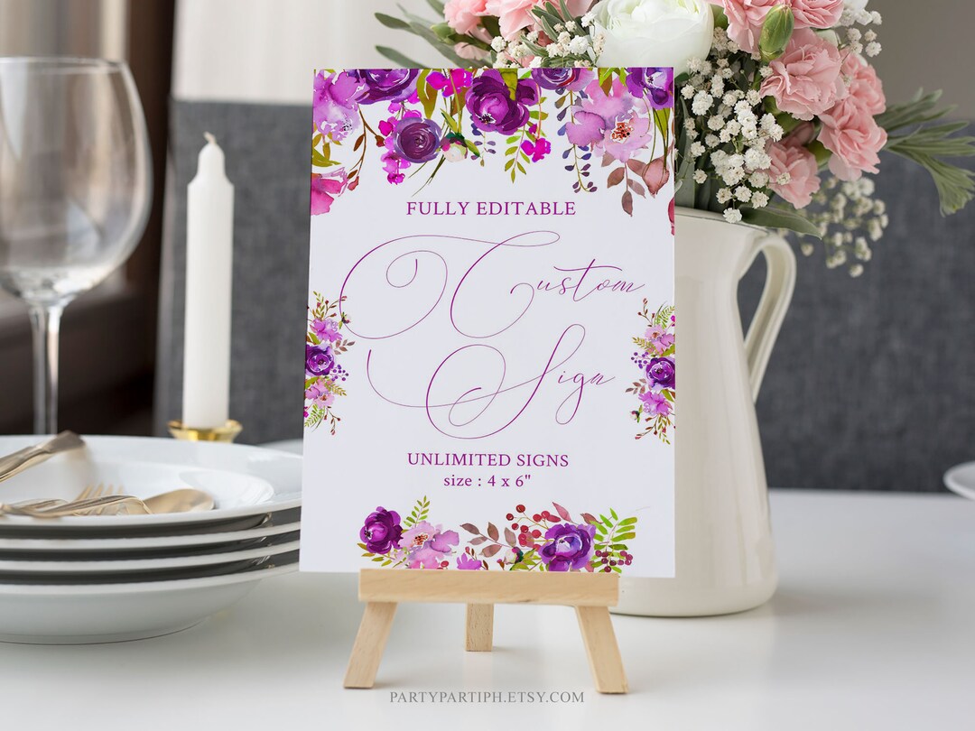 Editable Purple Flowers Custom Wedding Table Signs Template Instant ...