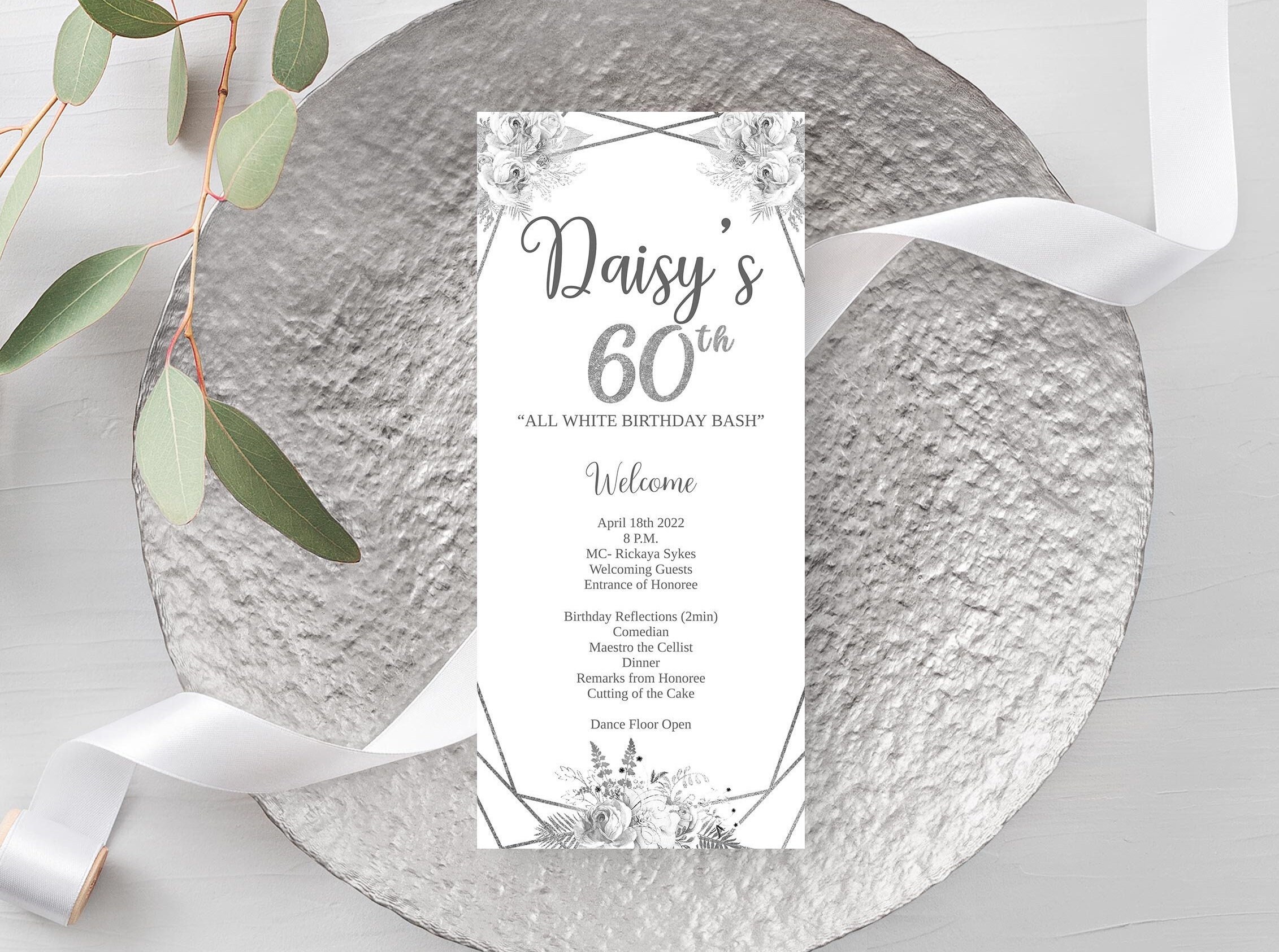 Editable Silver Program Card Template wedding, Bridal Shower, Dinner ...