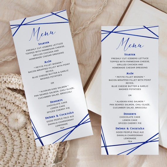 Editable Royal Blue Menu Card Template (Wedding, Bridal Shower, Dinner ...