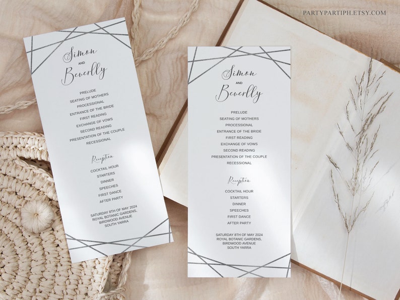 EDITABLE Silver Program Card Template (wedding Bridal Shower Dinner ...