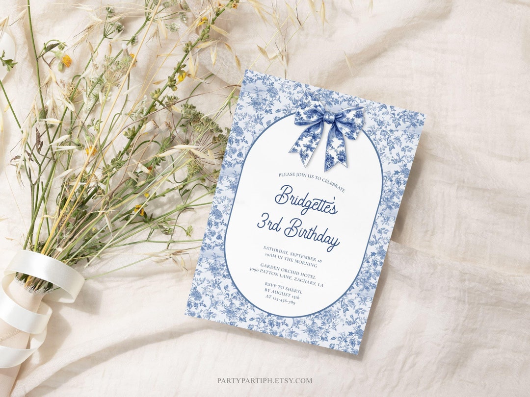 EDITABLE Blue Toile Birthday Invitation Template Blue Florals Birthday ...