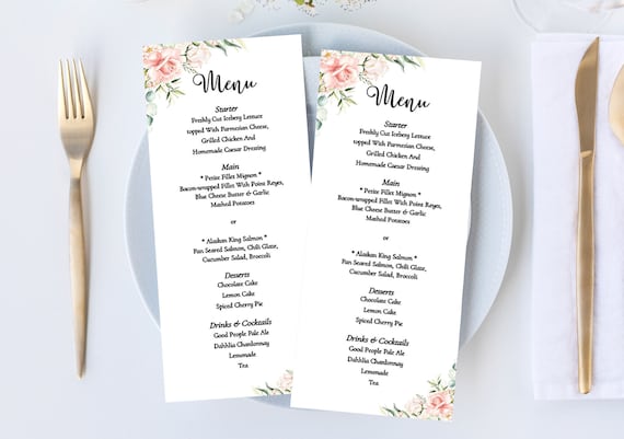 Editable Rusty Pink Menu Card Template (Wedding, Bridal Shower, Dinner ...