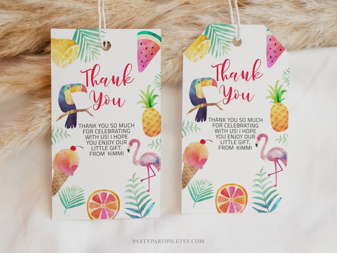 Editable Tropical Birthday Thank You Tags Template Flamingo Gift Tags ...
