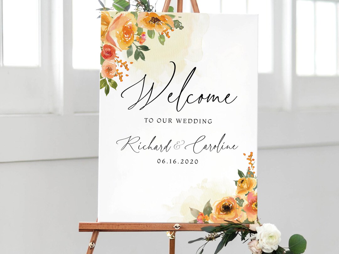 Editable Orange Welcome Sign Templates Flower Wedding Welcome Signs ...