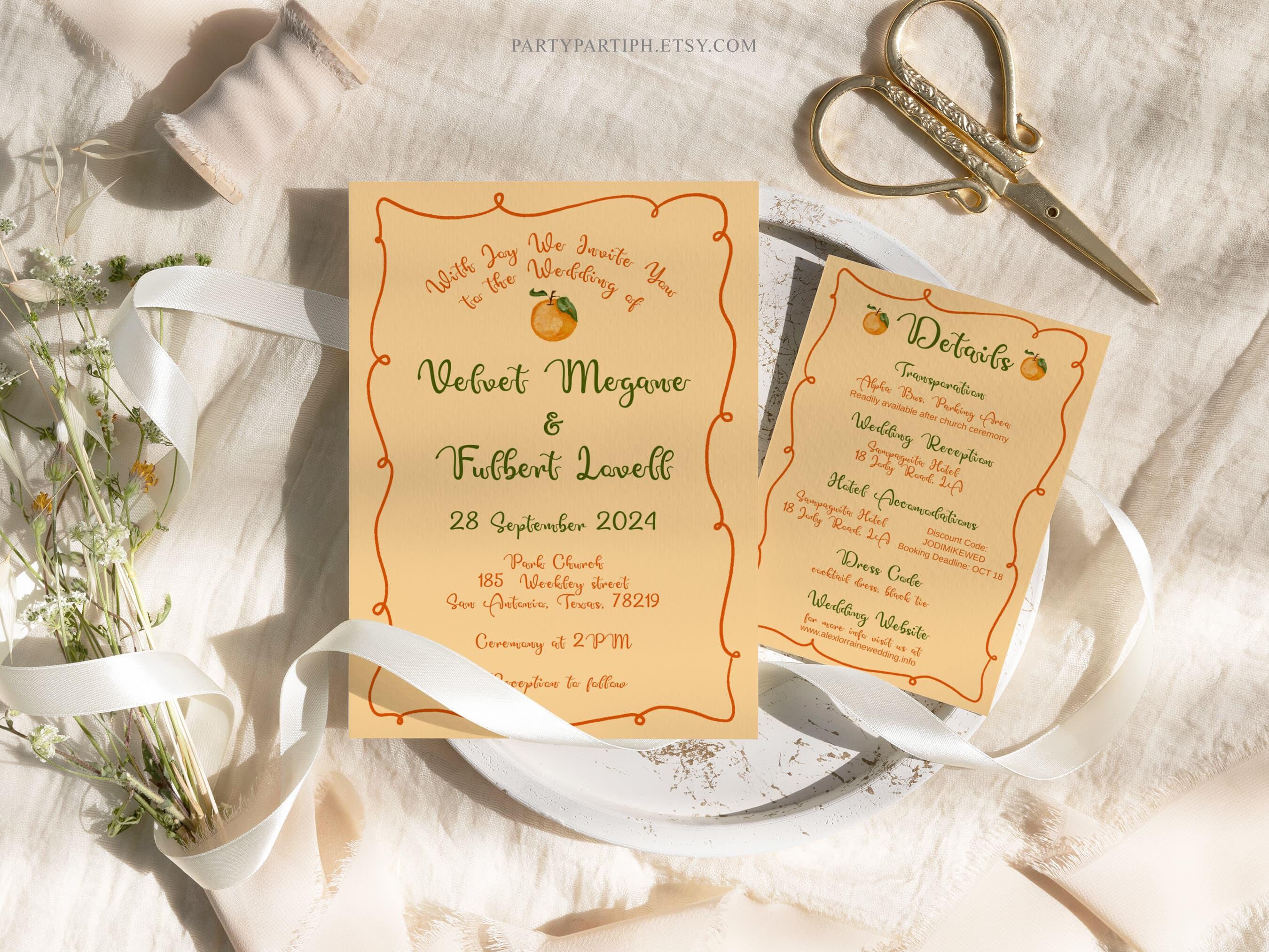EDITABLE Orange Swirly Frame Wedding Invitation Set 2pc Template Modern ...