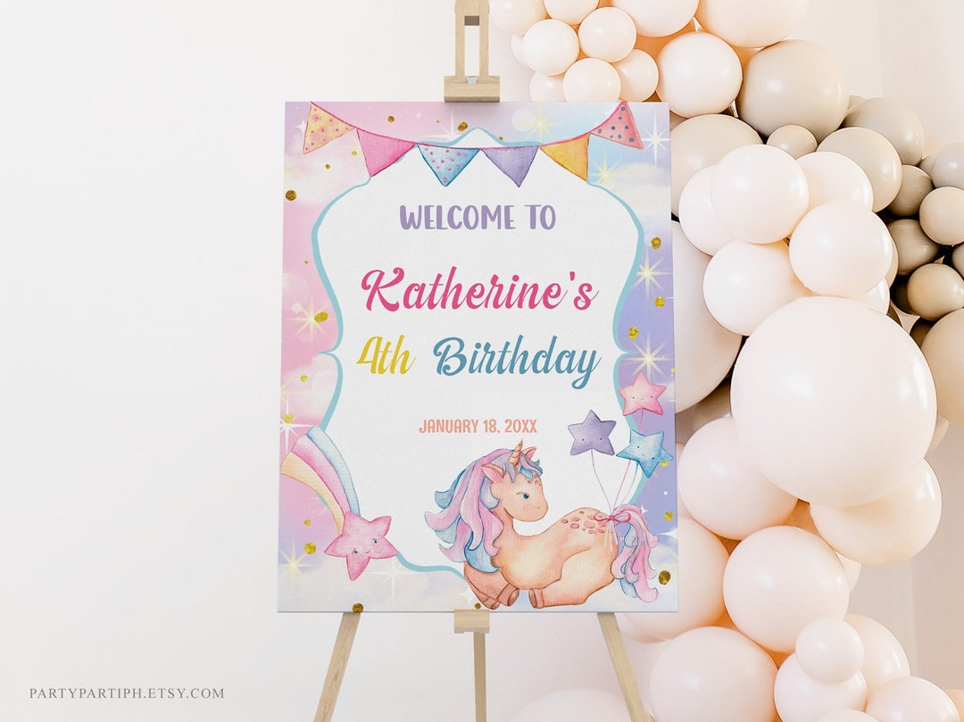 Editable Rainbow Unicorn Birthday Welcome Sign Template Editable ...