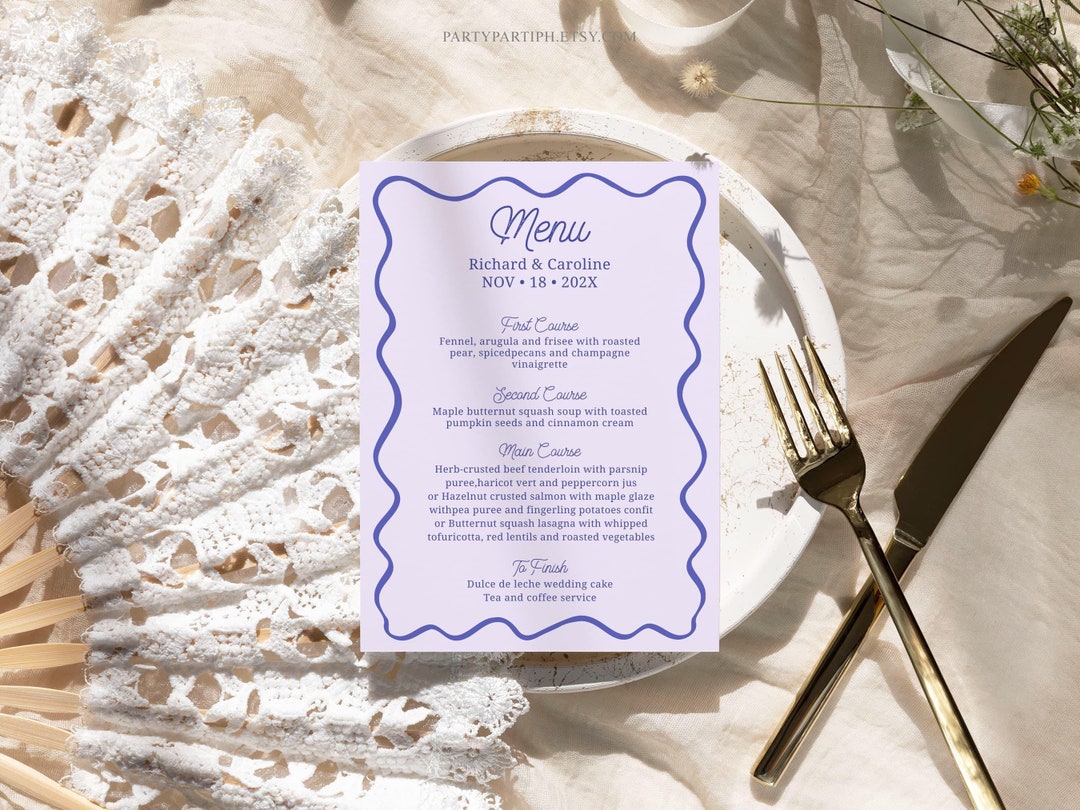 EDITABLE Purple Lilac Wavy Frame Wedding Menu Card Template Modern ...