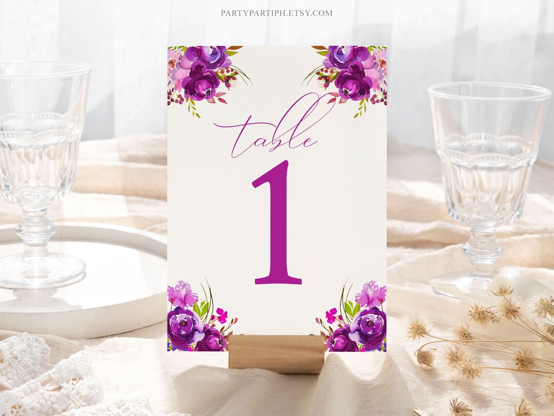 Editable Purple Flowers Table Numbers Template Instant Download Modern ...
