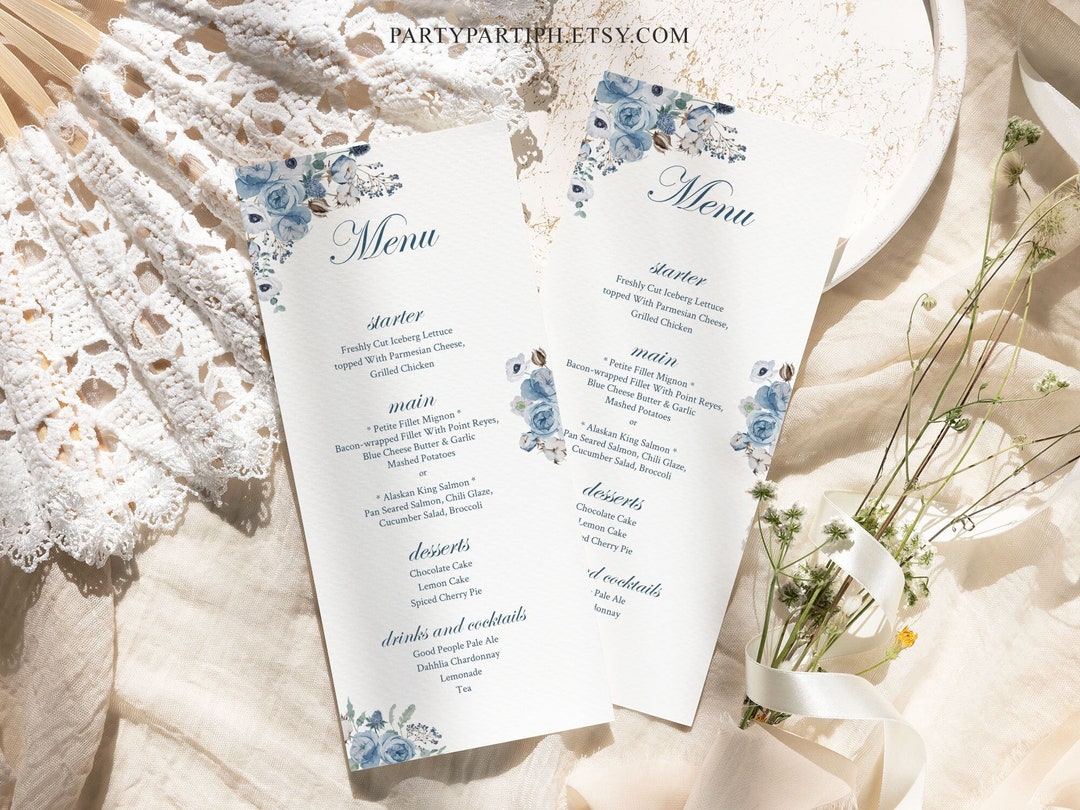 Editable Blue Flowers Menu Cards Template 4x9" Instant Download Wedding ...