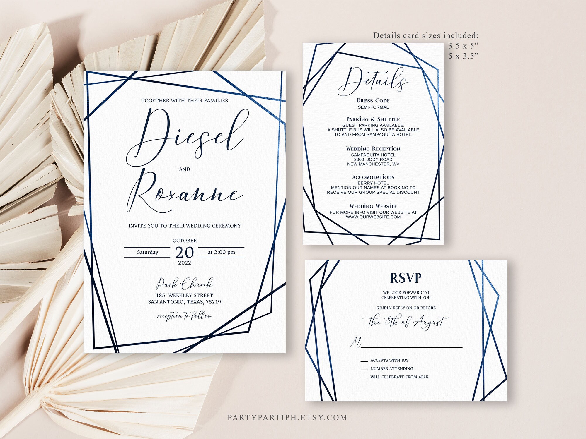 Editable Navy Blue Wedding Invitation Set Template Blue Geometric ...