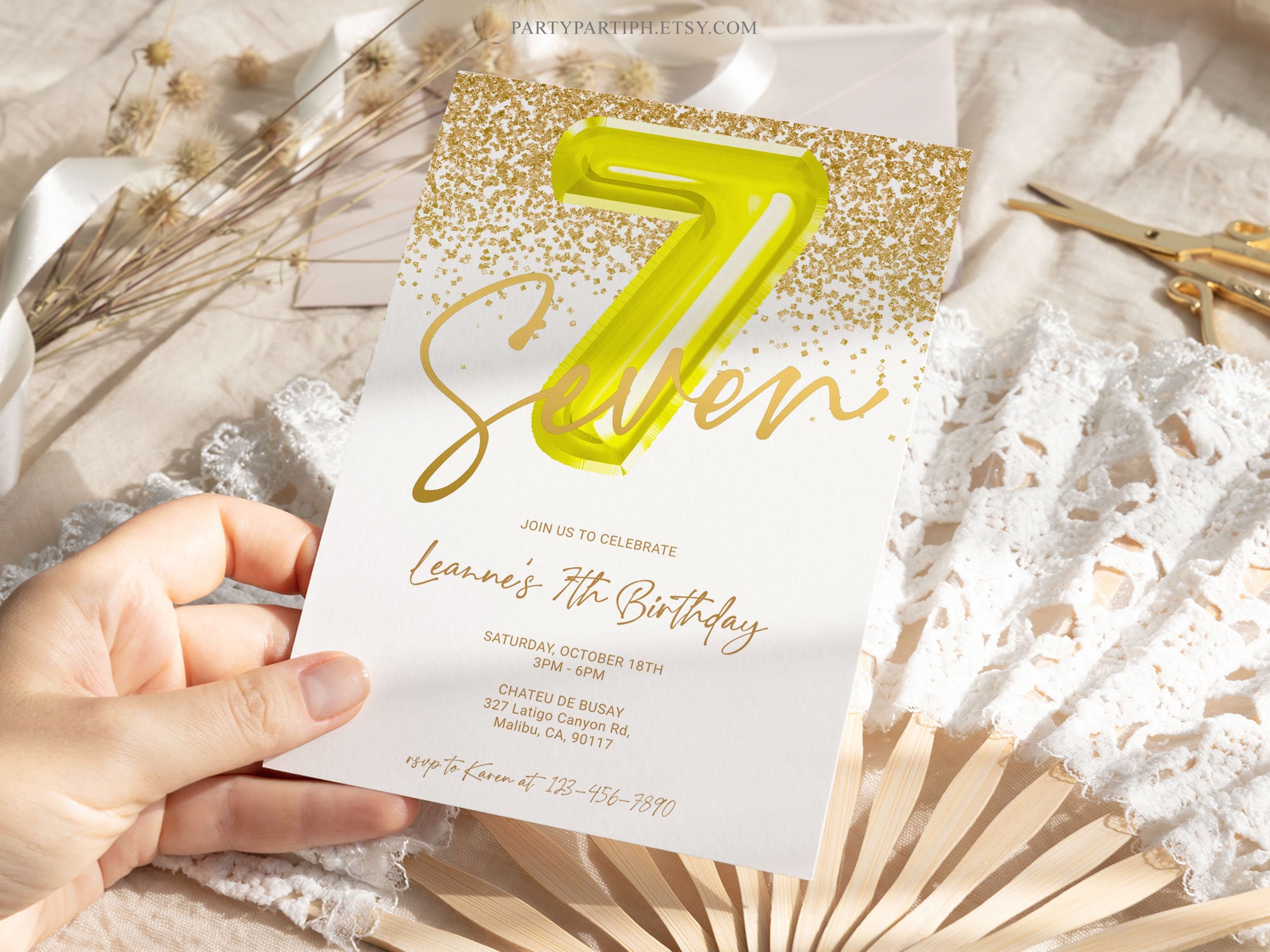 Gold Glitter Birthday Invitation Template Gold 7th Birthday Invitation ...