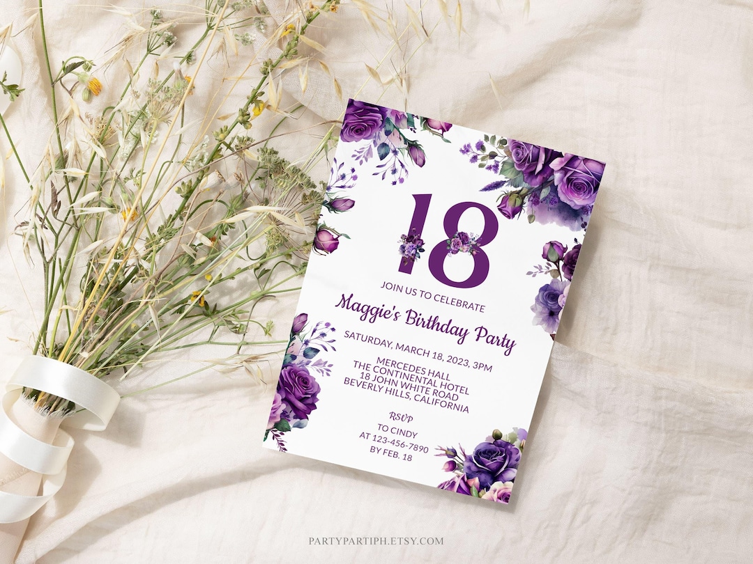 Editable Purple Flowers 18th Birthday Invitation Template Summer ...