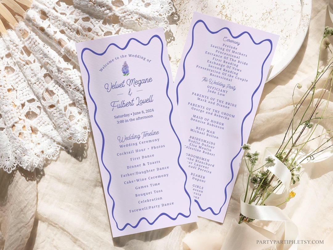 Editable Purple Lilac Wavy Frame Wedding Program Template Modern ...