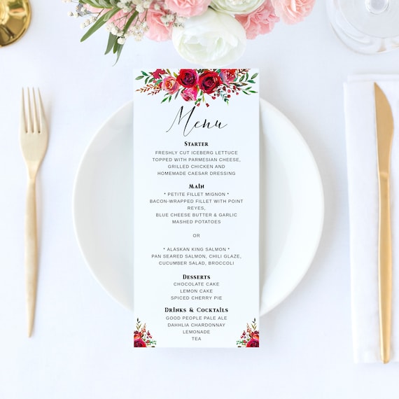 Editable Red Menu Card Template (Wedding, Bridal Shower, Dinner, Brunch ...