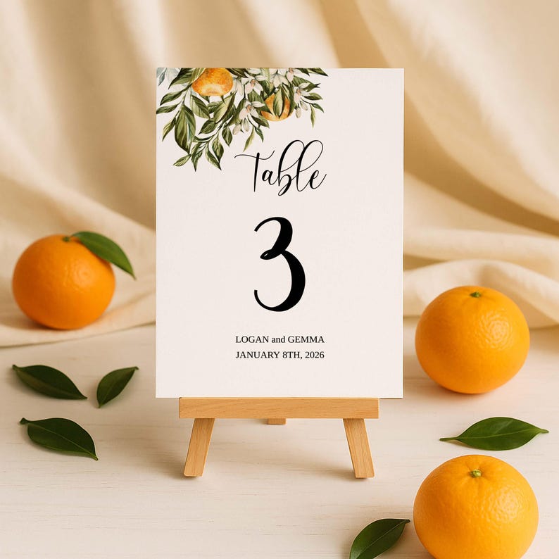 Citrus Botanical Table Numbers, Orange Floral Wedding Table Sign ...