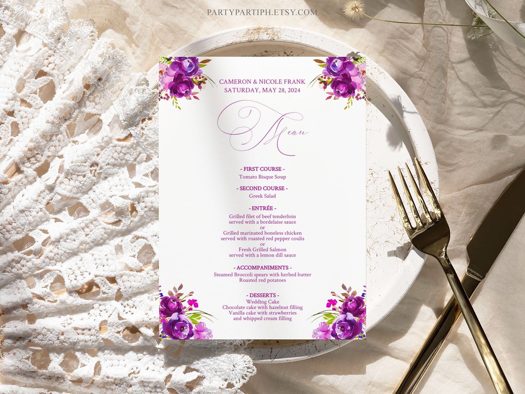 Editable Purple Flowers Menu Cards Template 5x7" Instant Download ...