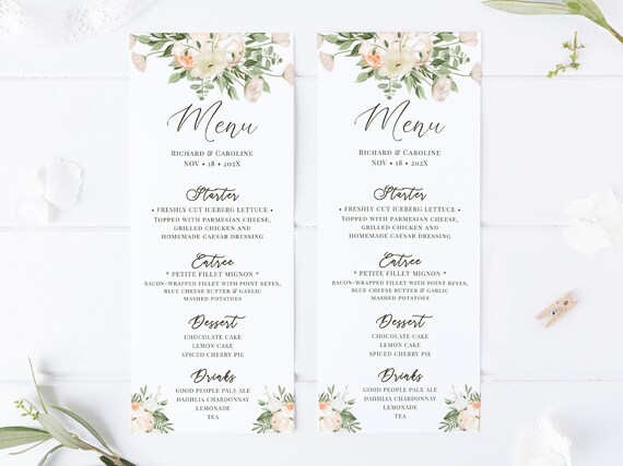 EDITABLE Creamy White Menu Card Template (Wedding, Bridal Shower ...