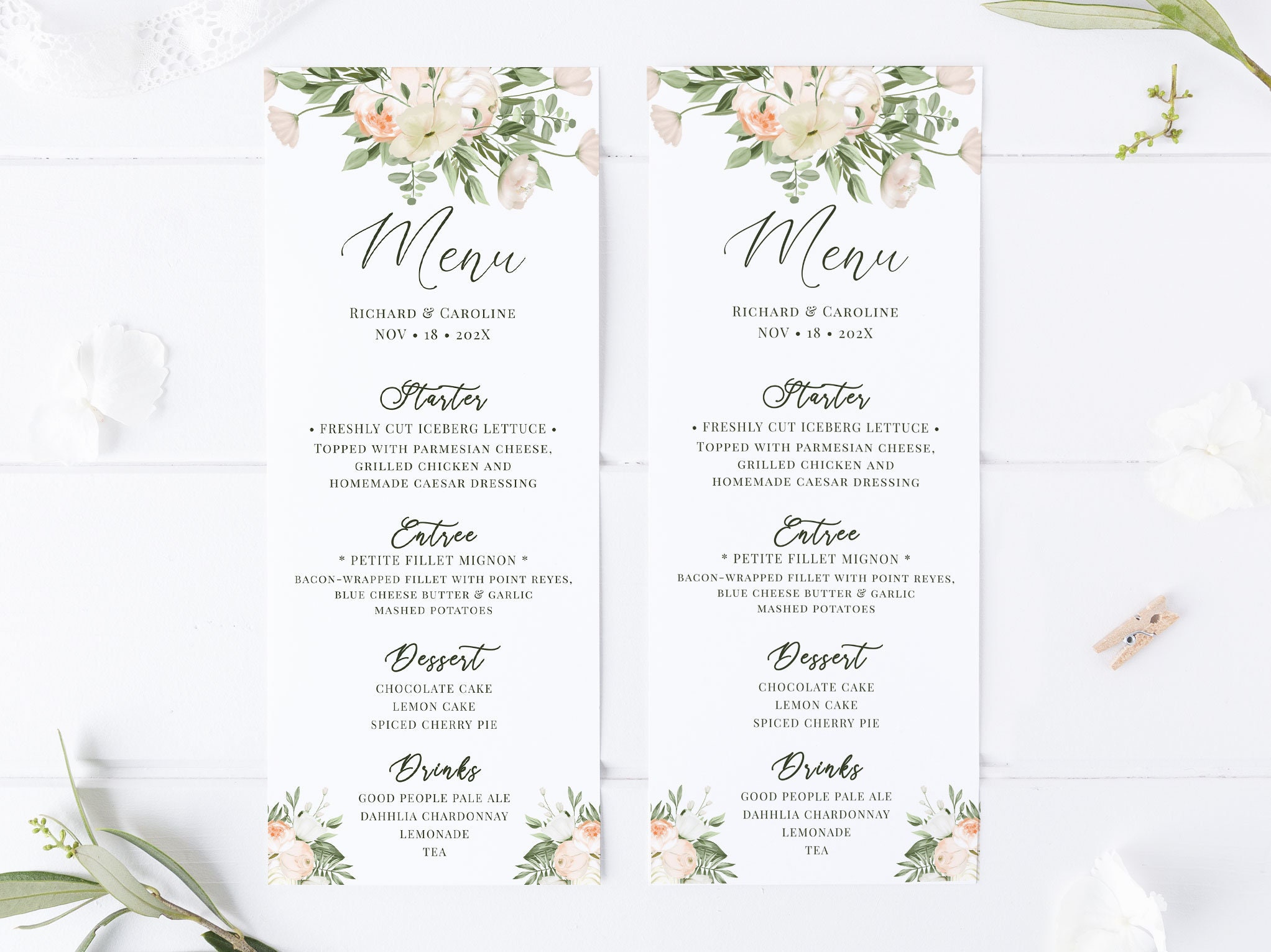EDITABLE White Flowers Wedding Menu Card Template Instant Download ...