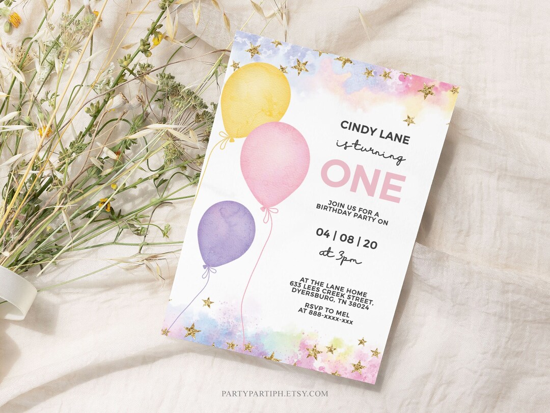 Editable Balloon Birthday Invitation Template Girl Balloon Party Invite ...