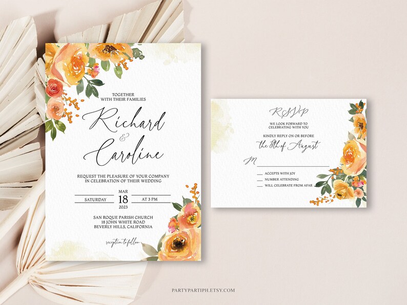 EDITABLE Orange Wedding Invitation Template Set Set Garden Wedding ...