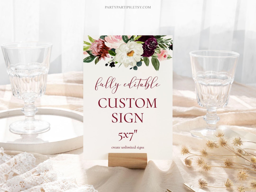 Editable Burgundy Flowers Custom Table Signs Template Blue Flowers ...