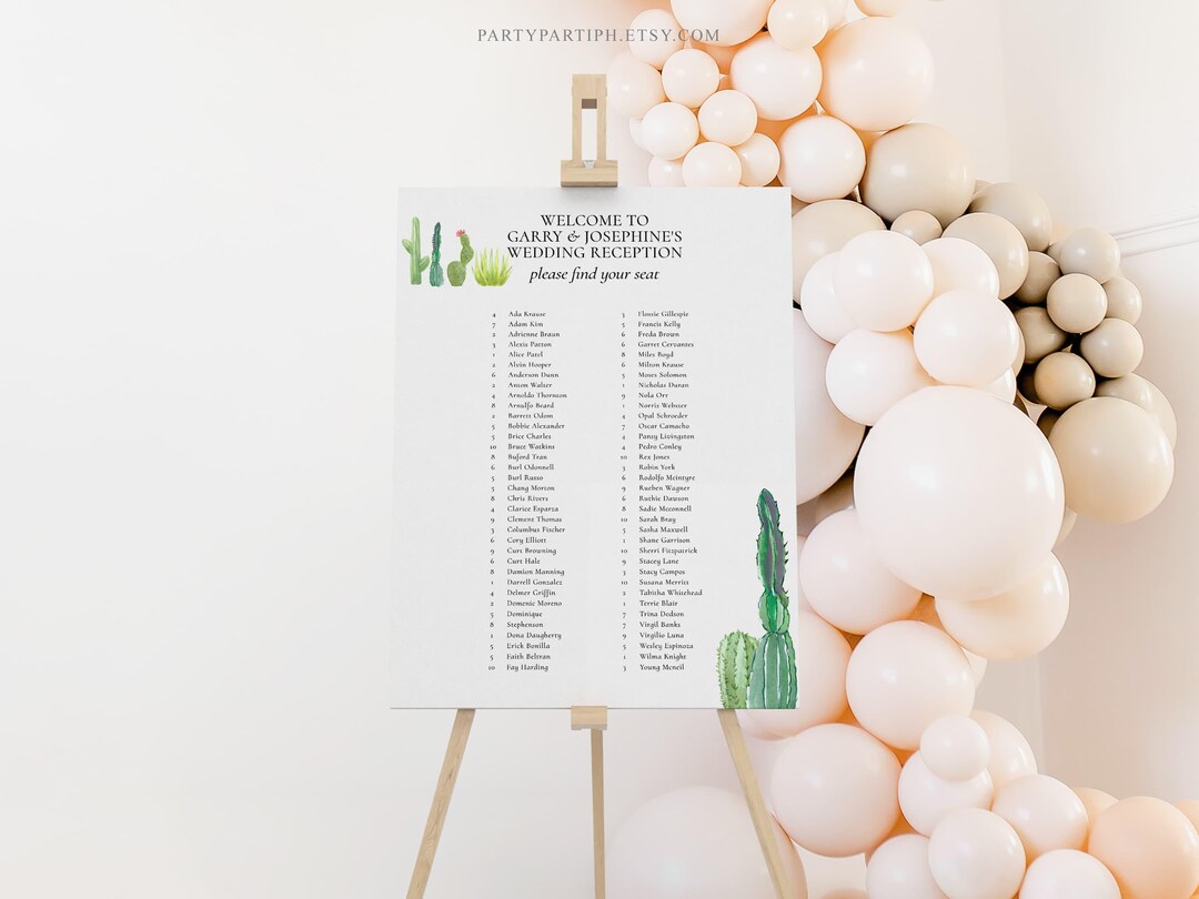 EDITABLE Cactus Wedding Seating List Chart Template Desert Cactus ...
