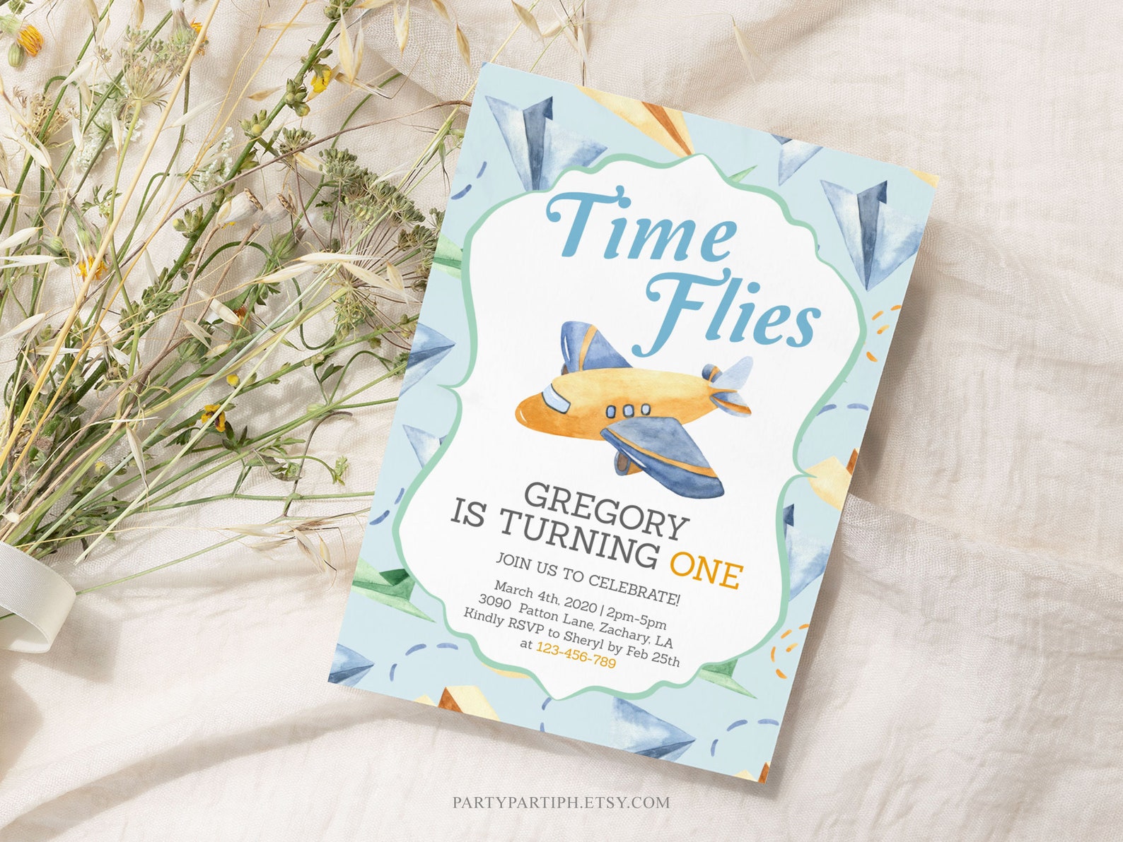 Editable Airplane Birthday Invitation Template Blue and White Aircraft ...