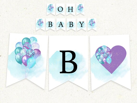 EDITABLE Aqua Purple Balloons Oh Baby Banner Printable Template, Blue ...