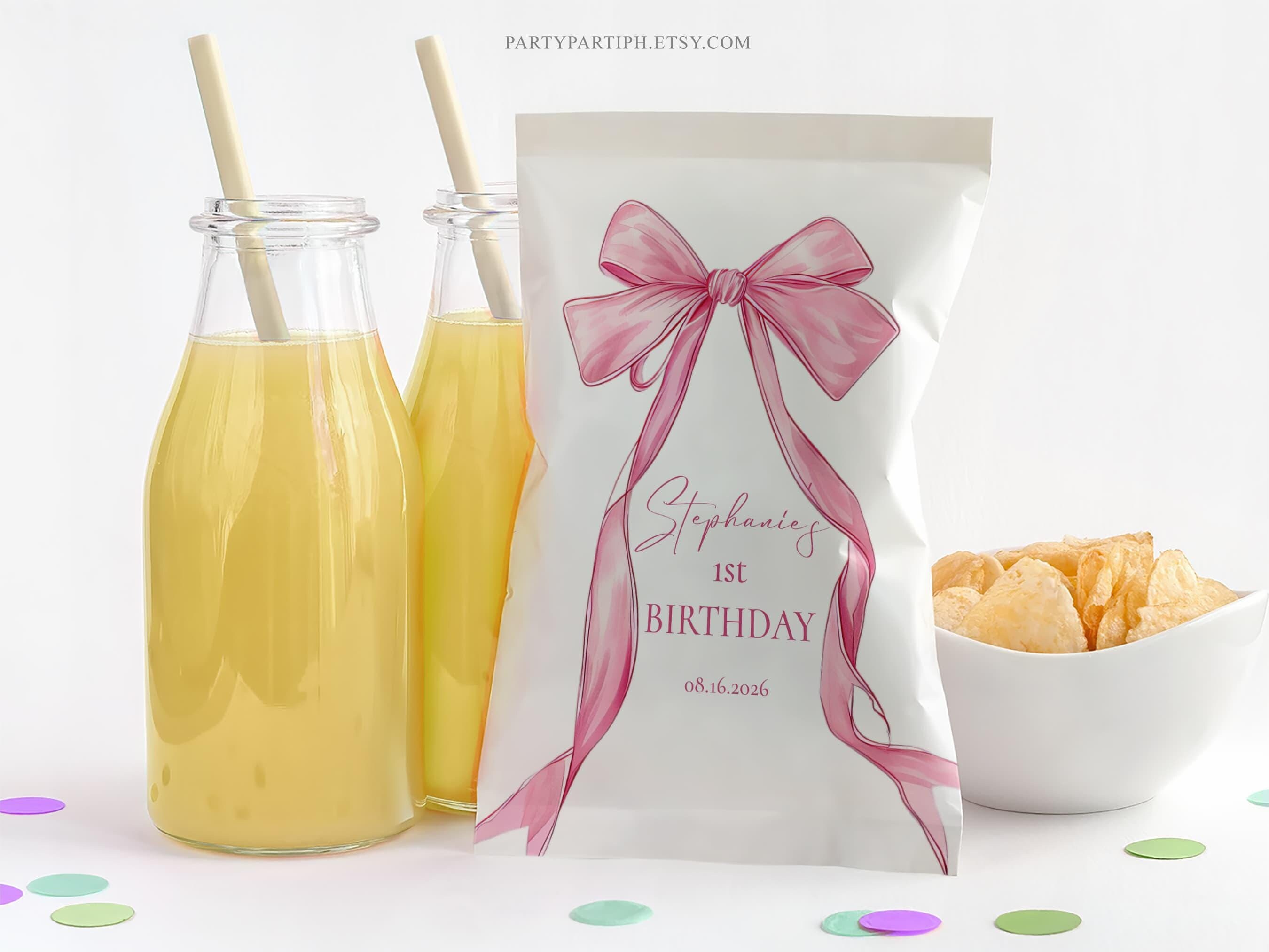 Editable Pink Bow Chip Bag Printable Template Pink Bow 1st Birthday ...