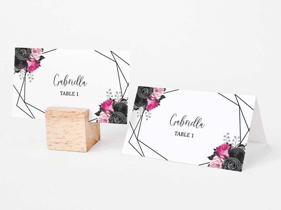 EDITABLE Hot Pink and Black Place Cards Black Pink Table Name Card Food ...