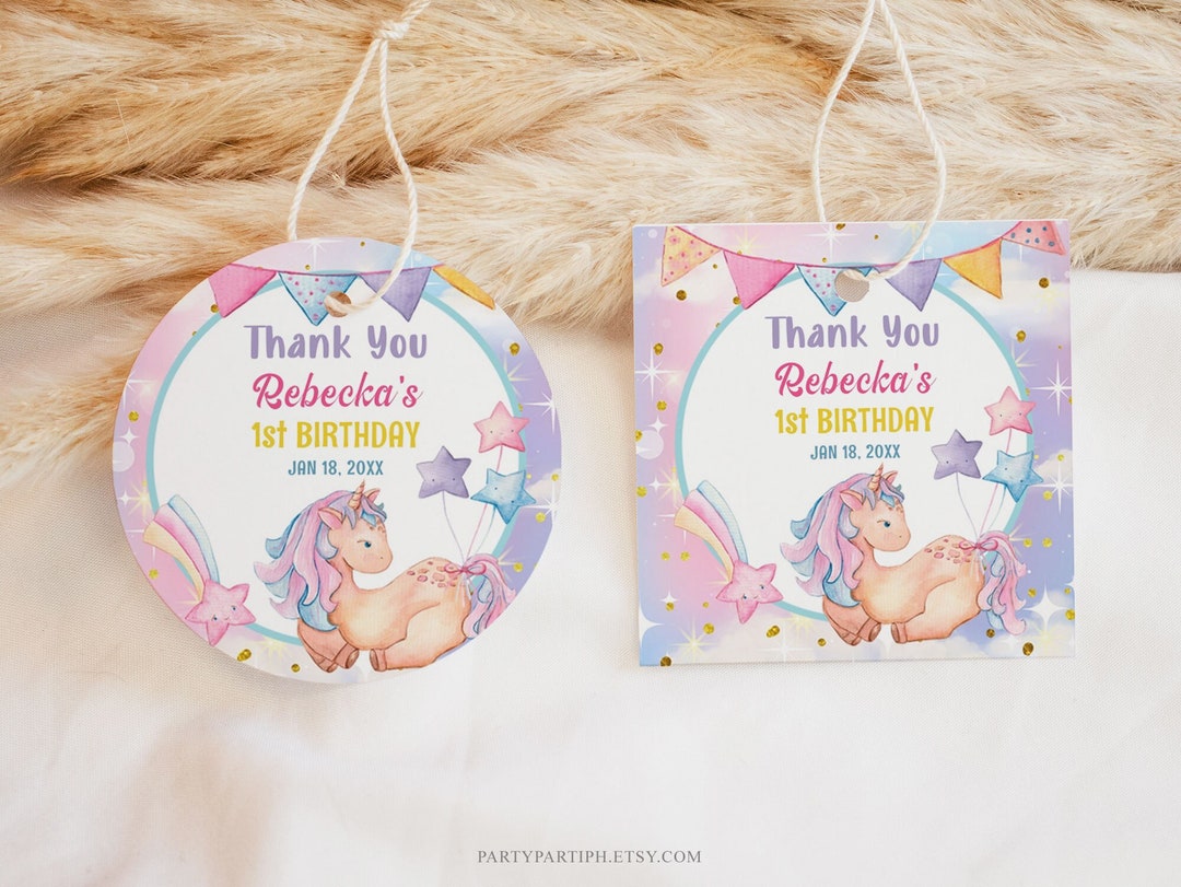 Editable Rainbow Unicorn Birthday Favor Tags Round and Square Magical ...
