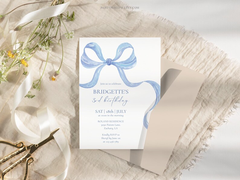 EDITABLE Blue Bow Birthday Invitation Template Cute Bow Theme 1st 2nd ...