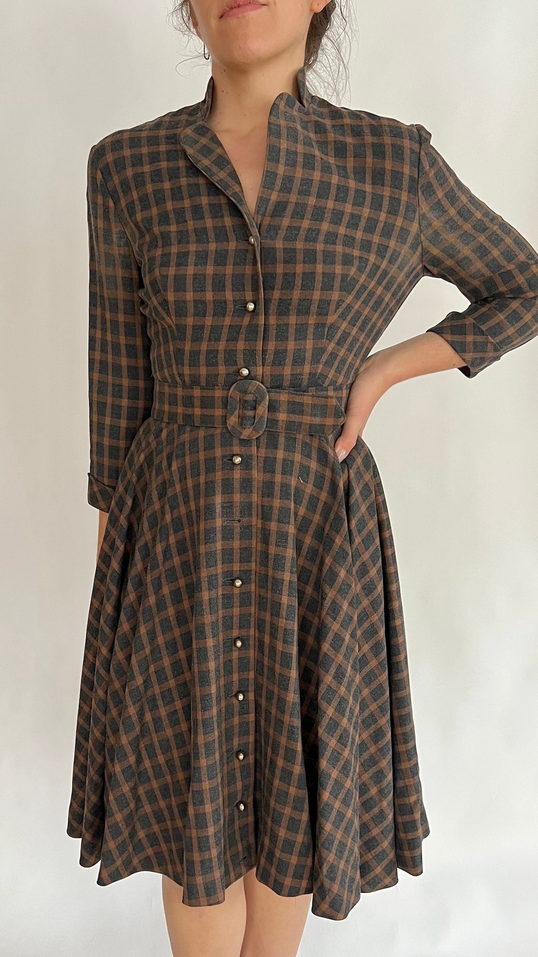 Gray and Brown Checkered Dress With Full Circle Skirt - Etsy