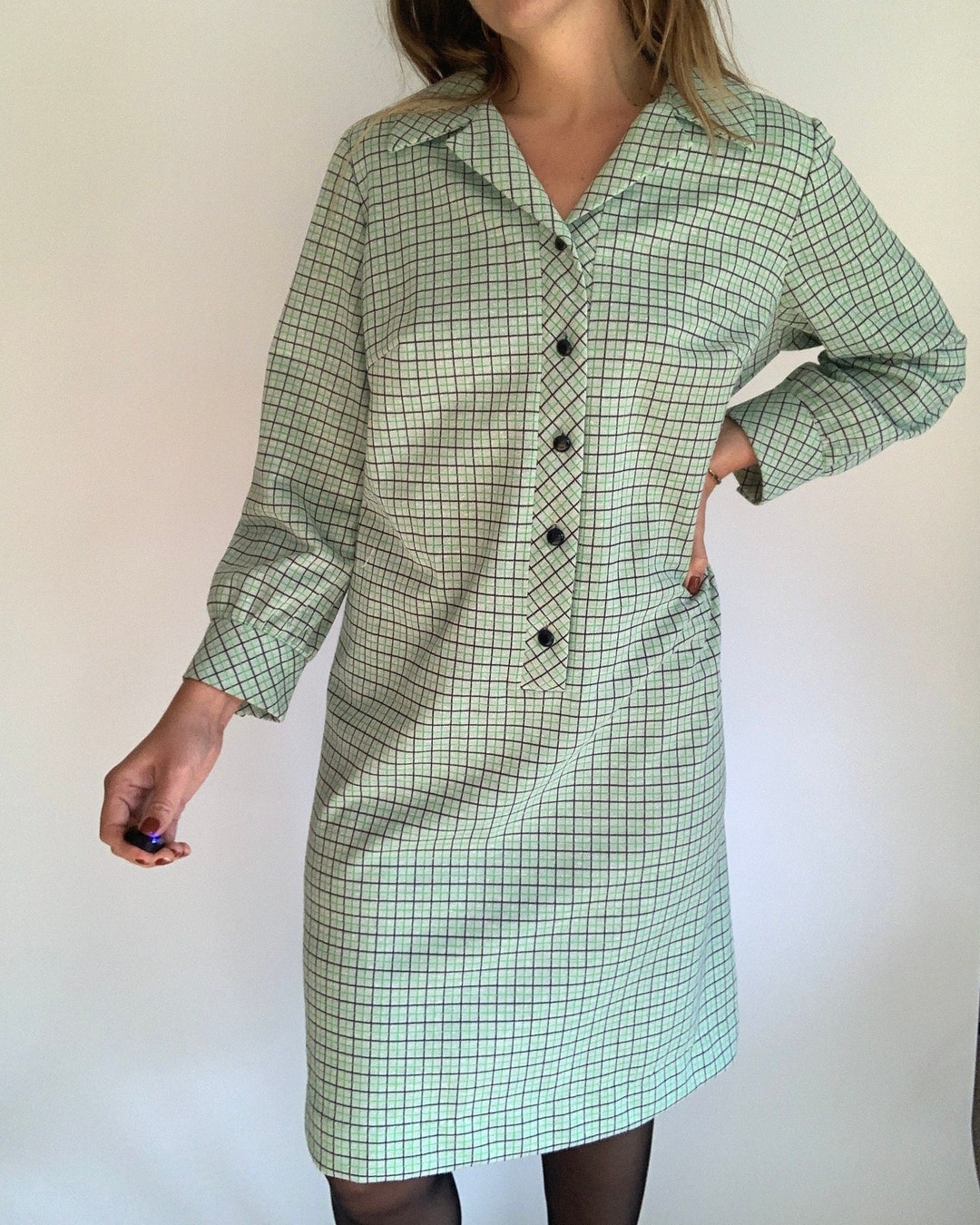 1970s Long Sleeve Grid Pattern Dress - Etsy