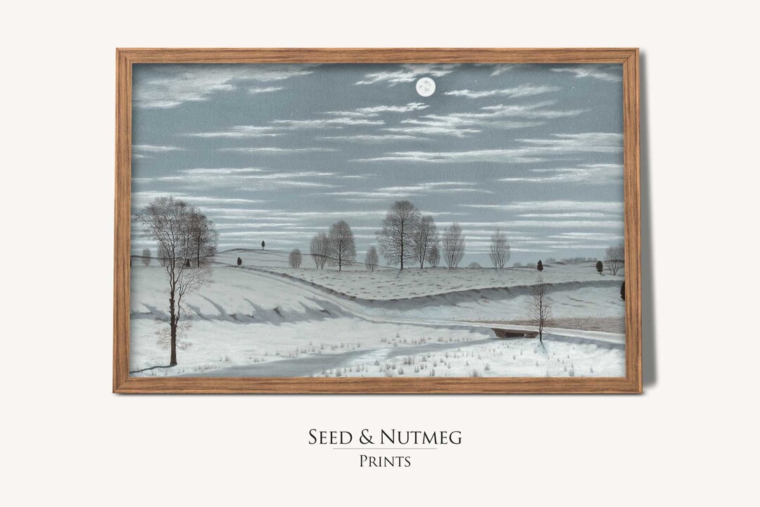 Winter Night Full Moon Wall Decor | Landscape Snow Print | Digital ...