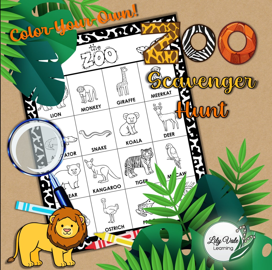 Color Your Own, Scavenger Hunt for Kids, Printable Scavenger Hunt, Zoo ...
