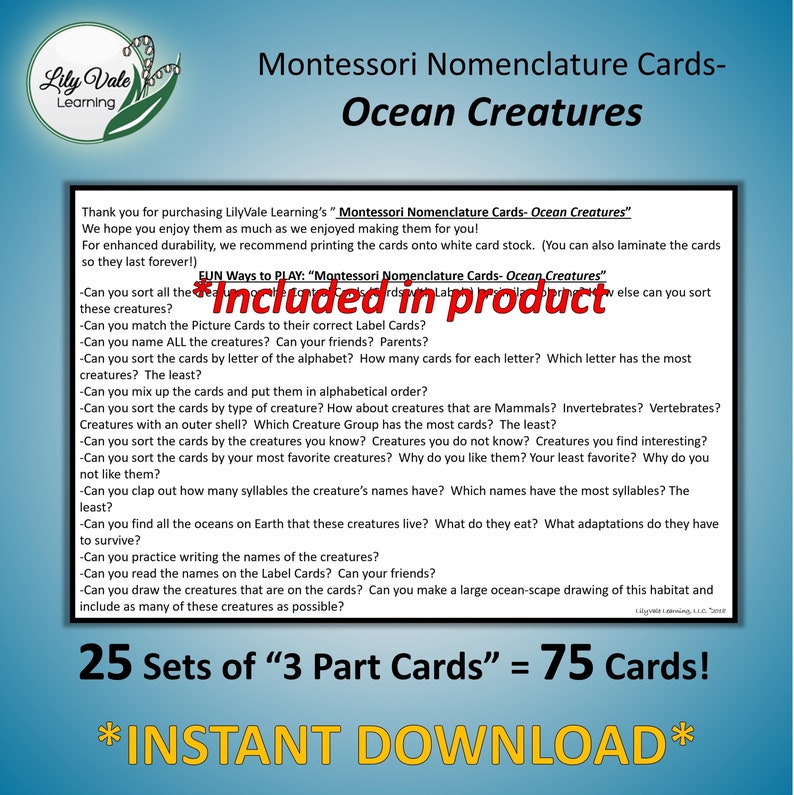 Printable Flashcards, OCEAN ANIMAL Printable, Montessori Flashcard ...