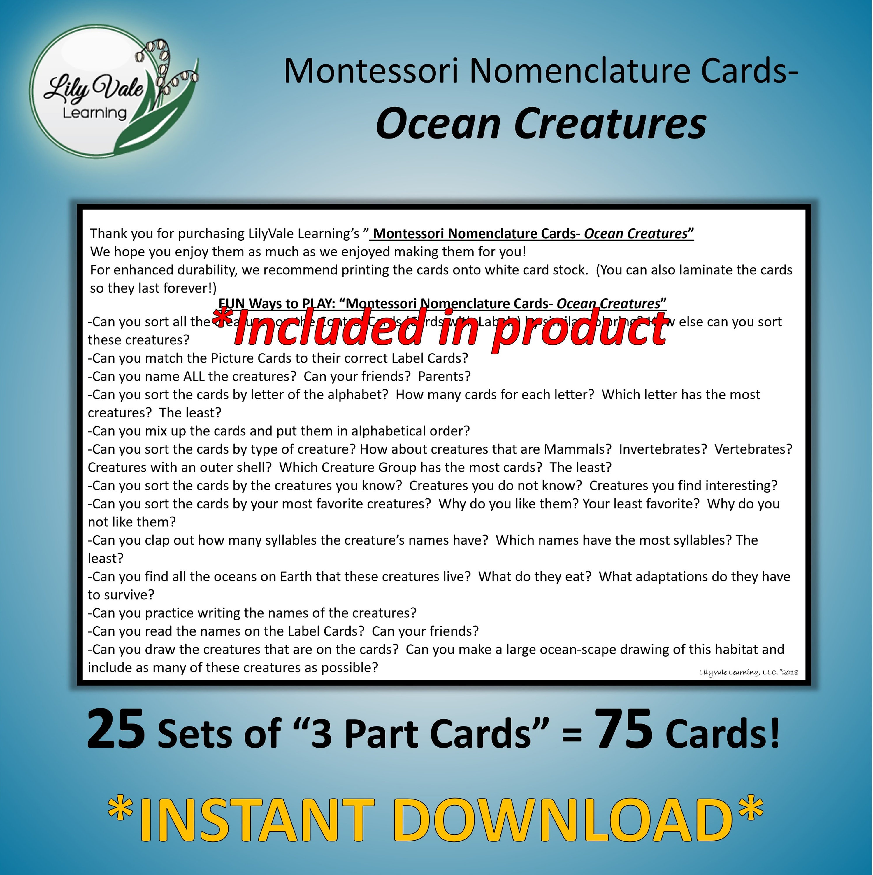 Printable Flashcards, OCEAN ANIMAL Printable, Montessori Flashcard ...